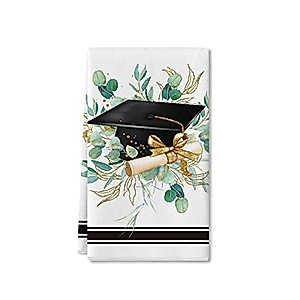 Artoid Mode Congrats Eucalyptus Leaves Diploma Cap Fingertip Towel, 18x26 Inch Soft Absorbent Graduation Party Hand Towel for Kitchen Decoration