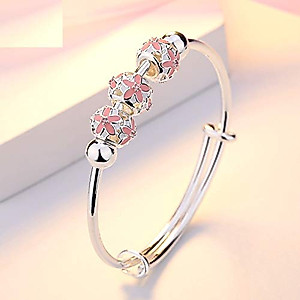 925 Sterling Silver Bangle Pink White Enamel Cherry Blossom Flower Bracelet for Women Lucky Bead Bracelet