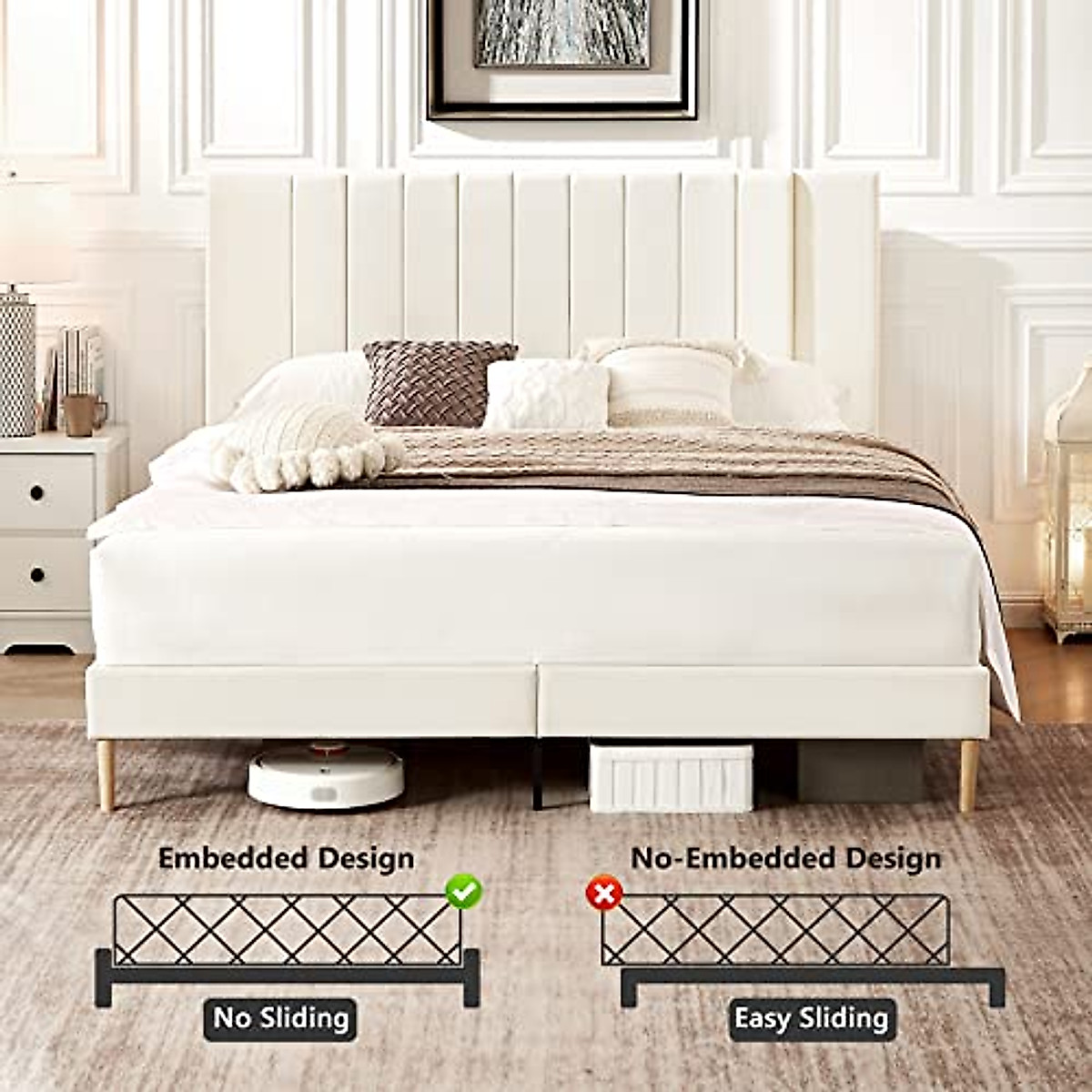 Flolinda Queen Size Platform Bed Frame with Velvet Upholstered Headboard and Wooden Slats Support, Fully Upholstered Mattress Foundation/No Box Spring Needed/Easy Assembly, Cream White