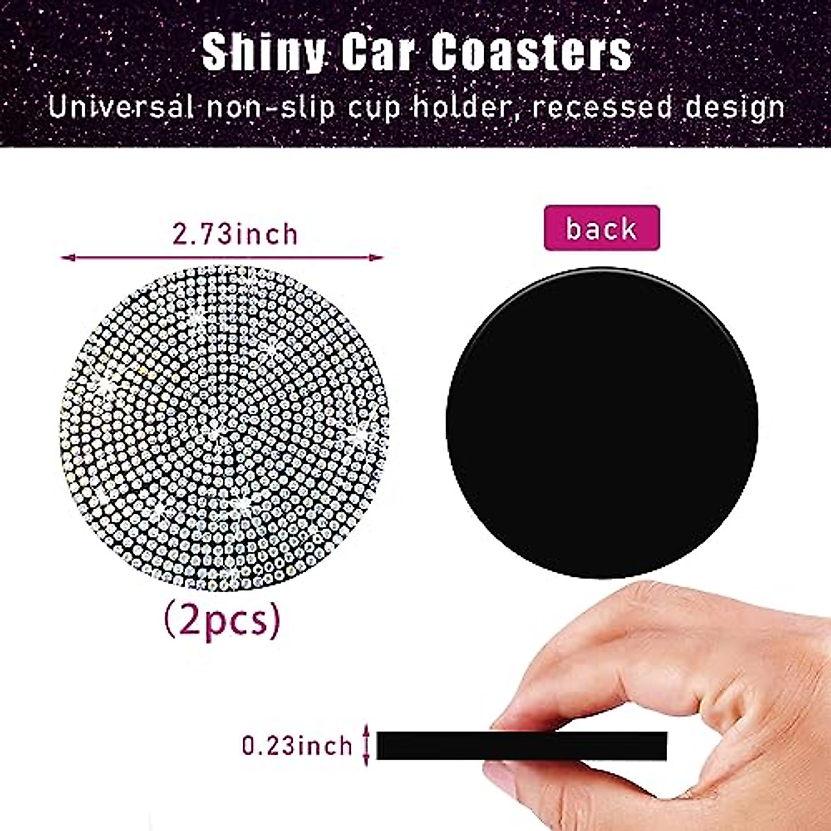 Kewucn 2PCS Bling Cup Holder Coasters for Car, 2.73 Inch Non-Slip Silicone Crystal Rhinestone Cup Mat, Universal Insert Cup Ornaments Coasters, Vehicle Interior Accessories for Women (Colorful)