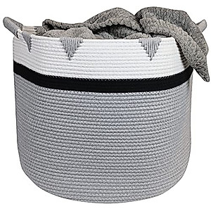 The Modish Store 18" X 18" X 15" Extra Large Premium Cotton Rope Basket Gray White Woven Basket for Blankets Toys Storage Basket with Handles Great for Comforter Cushions Storage Bins