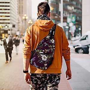 NAWFIVE Embroidery Hummingbird Sling Bag Crossbody Shoulder Backpack Flower Adjustable Lightweight Travel Hiking Casual Daypack for Men Women