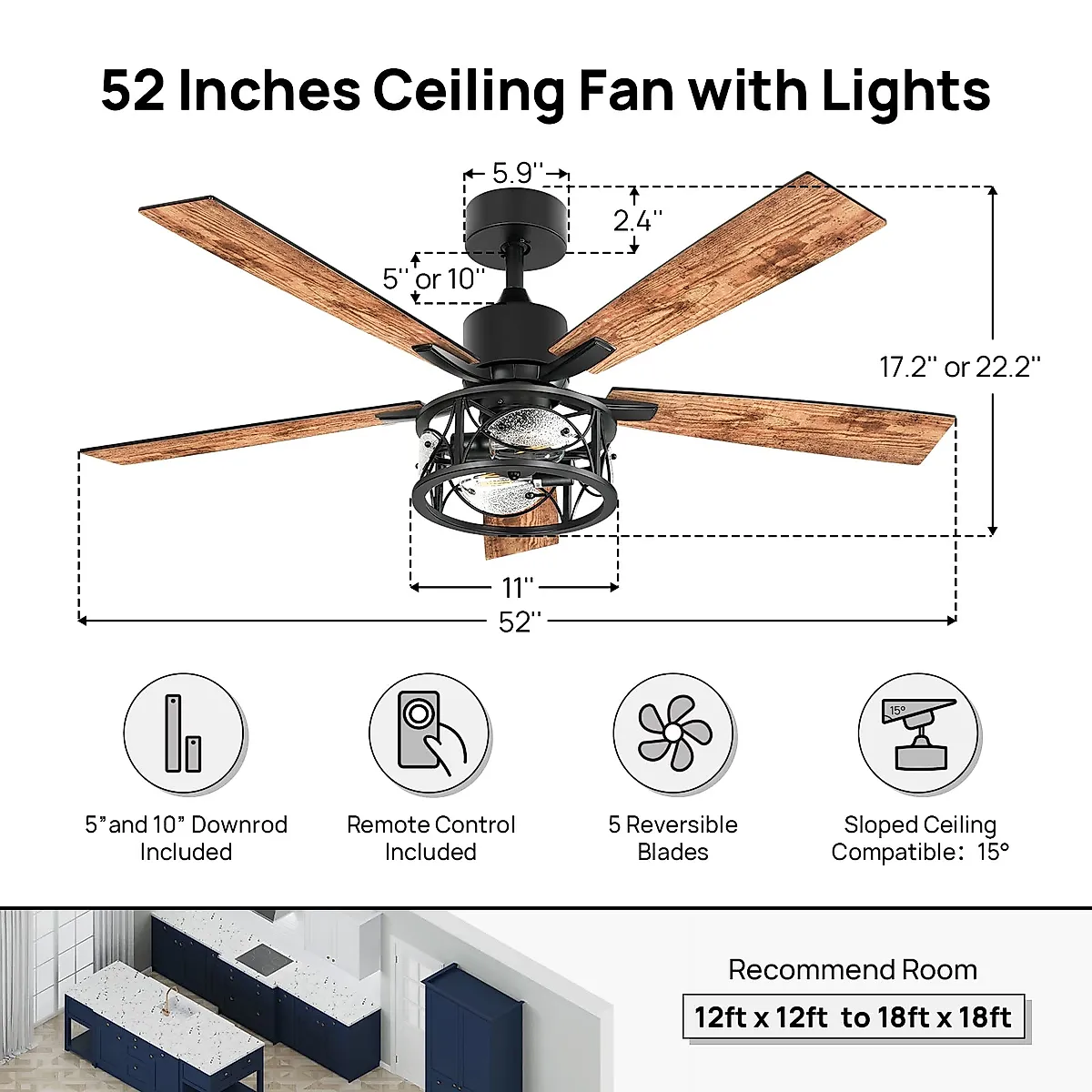 Consciot Ceiling Fan With Lights, 52 Inch Farmhouse Indoor Ceiling Fan With Remote, Quiet Reversible DC Motor, 5 Double Finish Wood Blades, Easy Dual Mount, Support Dimmable 2*E26 Bulbs(not included)