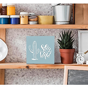 SRADMO Stay Wild Retro Western Country Cactus Wood Box Sign Desk Decor，Wild West Wooden Block Box Sign Decoration For Western Home Shelf Table Decor