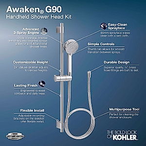 KOHLER 98361-G-CP Awaken G90 Multi-Function Handshower Kit, Handheld Shower Head with 24" Slidebar and 60" Hose, 1.75 GPM, Polished Chrome