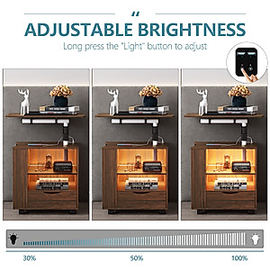 dnbss LED Nightstand with Charger Station, Swivel Top Bedside Table with Wheels, Smart Night Stand with Laptop Table Workstation for Bedroom, Modern End Side Table (Brown)