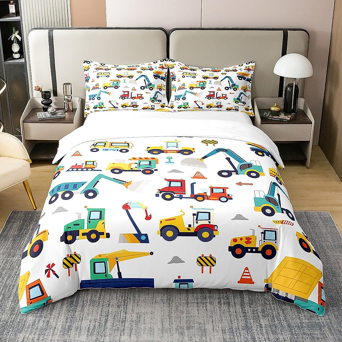 Cartoon Truck 100% Cotton Comforter Cover Queen Construction Vehicle Duvet Cover for Kids Boys Girls Transport Equipment Car Quilt Cover Bulldozer Crane Bedding Set with 2 Pillowcases