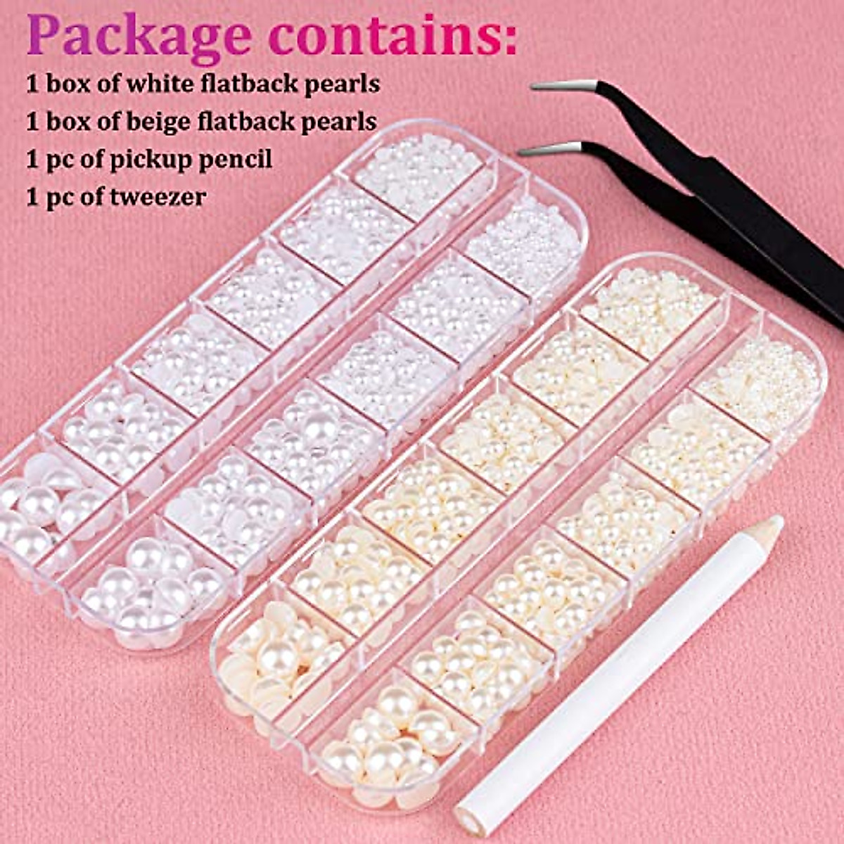 2700 Pcs Flat Back Pearls Kits 1 Box of Flatback White+1 Box of Beige Half Round Pearls with Pickup Pencil And Tweezer for Home DIY And Professional Nail Art, Face Makeup And Craft