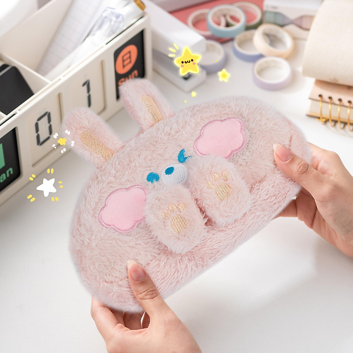 Toplive Cute Pink Pencil Case, Plush Pencil Pouch Fuzzy Pen Case, Cartoon Makeup Bag Kawaii Stationery Cosmetic Organizer Bag for Teens Girls Women, Pink Rabbit