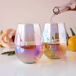 Twine Luster Stemless Wine Glasses, Set of 2, 20 Oz. Rainbow Finish Tumblers, Decorative Barware