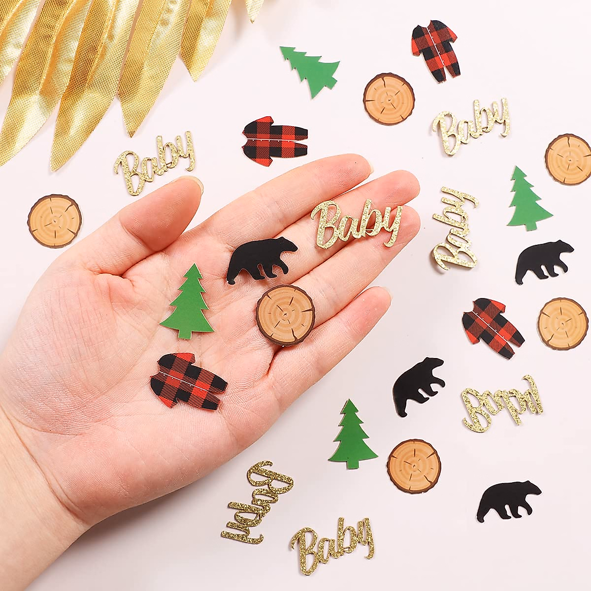 Lumberjack Baby Shower Decorations for Boys, 200 Pcs Lumberjack Confetti Including Glitter Baby Buffalo Plaid Bodysuit Tree Camping Bear Party Supplies