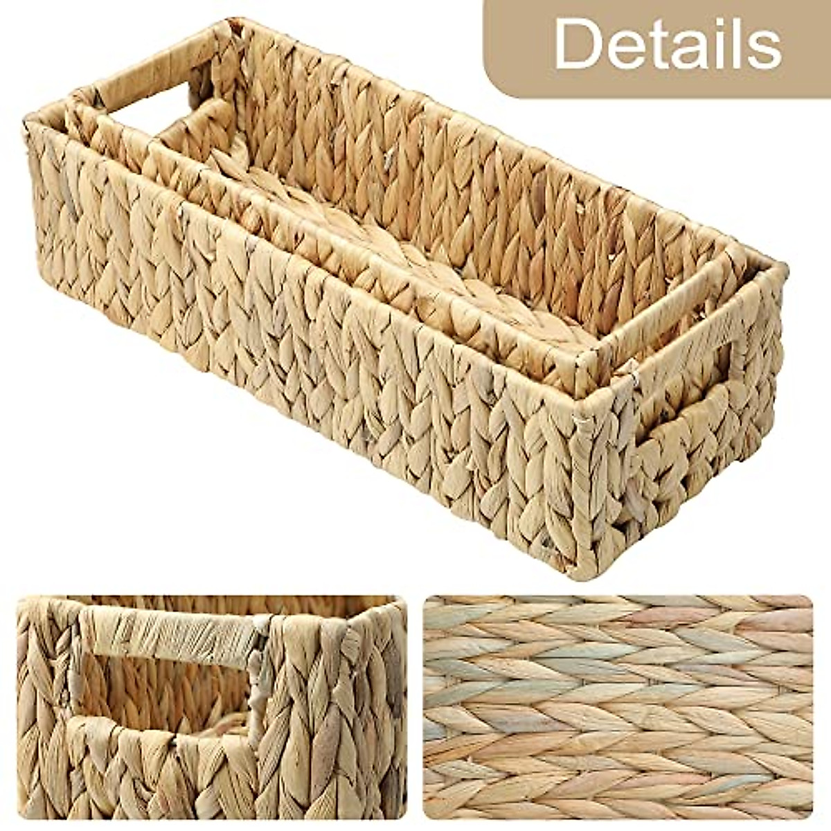 Graciadeco Nesting Storage Toilet Tank Baskets, Water Hyacinth Back of Toilet Paper Basket Wicker Storage Basket for Toilet Tank Top Woven Long Narrow Baskets for Organizing Bathroom Pantry, 2 Pack
