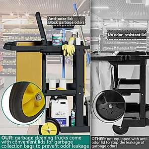 YITAHOME Cleaning Carts on Wheels, Janitorial Cart, 3-Shelf Commercial Traditional Plastic Housekeeping Cart, with 2 Yellow 25 Gallon Vinyl Bag and Pair of Rubber Gloves, Black