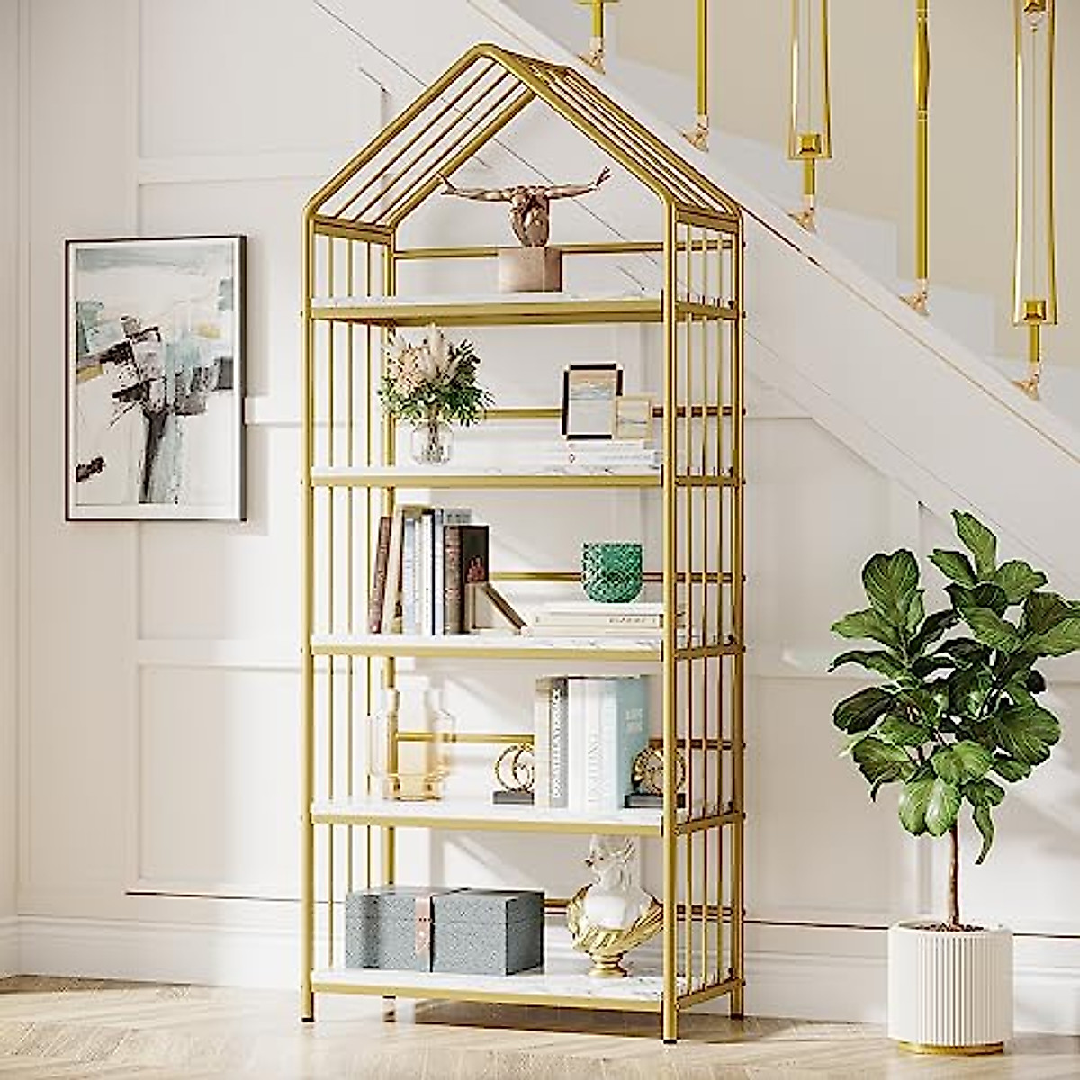 Tribesigns 5-Tier Bookshelf, 75 Inch Arched Faux Marble Bookcase Book Shelf, Modern Bookshelves Plant Stand Rack, Freestanding Display Shelf Organizer Rack for Living Room, Bedroom, White & Gold