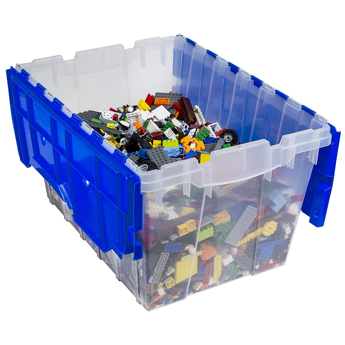 Akro-Mils 12-Gallon Plastic Stackable Storage KeepBox Tote Containers with Attached Hinged Lid