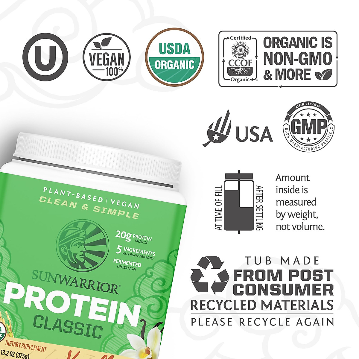 Brown Rice Protein Powder with Bcaa & Amino Acids Raw Rice Protein Shake Gluten Free Low Carb Dairy Free | Plant Based Classic Sprouted Brown Rice Protein Powder Vanilla 375g by Sunwarrior