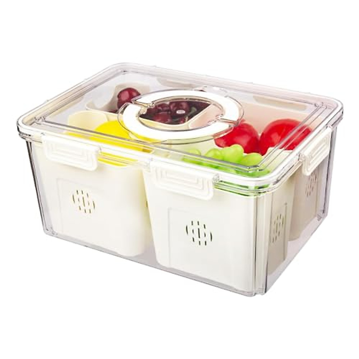 VANEME Airtight Fruit Storage Containers with Lids and Handle,Fridge Organizer,with 4 Removable Colanders for Fresh Produce, Fruit and Vegetable Storage(White)