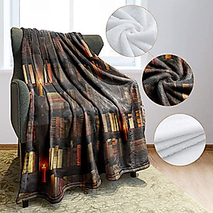 XSMEI Vintage Library Blanket Soft Warm Flannel Plush Throw Blankets Vintage Bookshelf with Candle Lighting,40 x 50 Inch