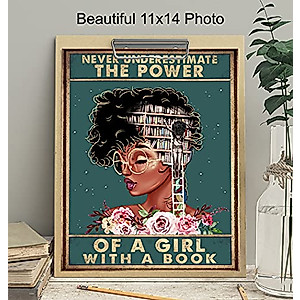 African American Classroom Decor - LARGE 11x14 - Never Underestimate a Girl With a Book Wall Art - African American Girl, Women - Inspirational Motivational Poster - Positive Quotes - Black Art