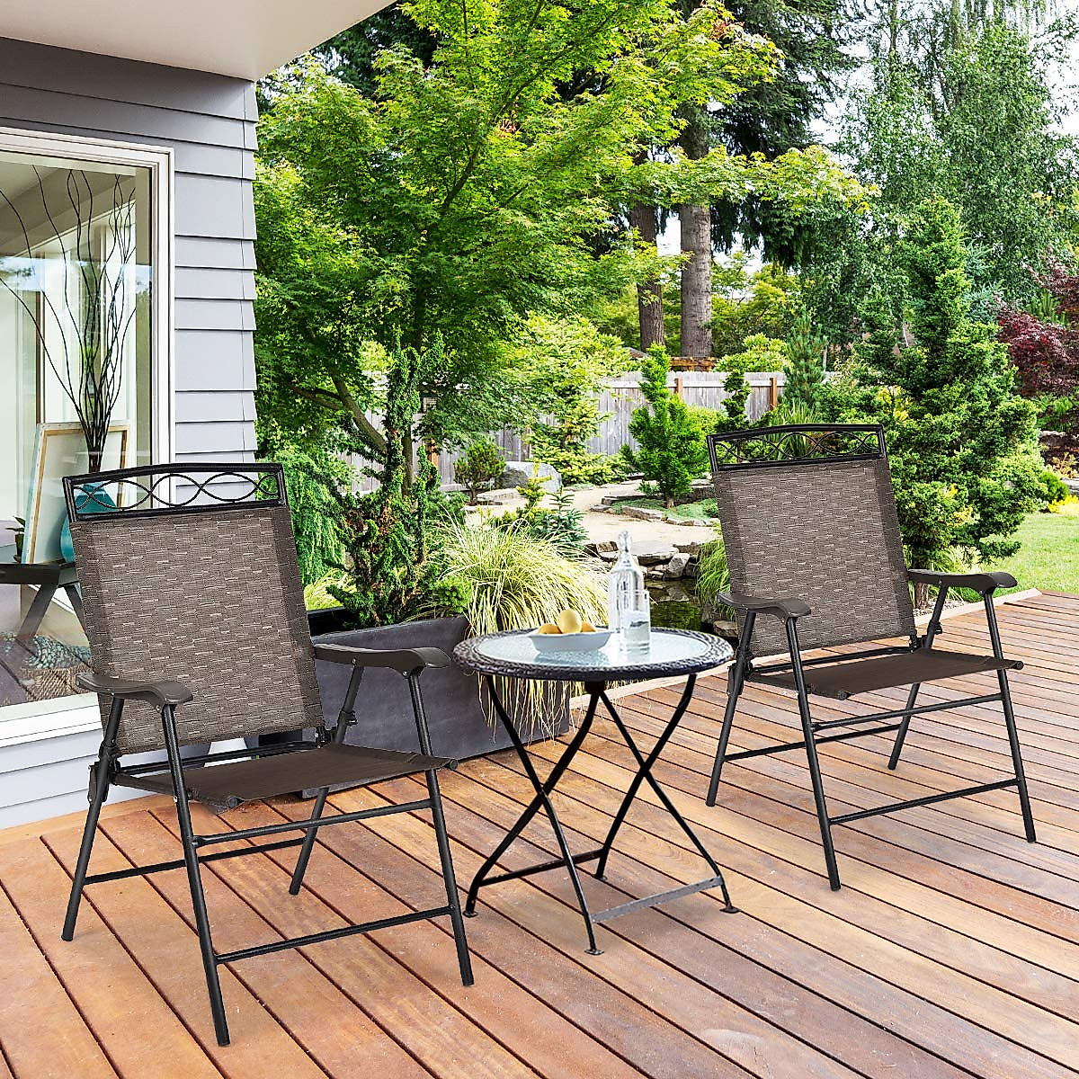 Giantex Set of 2 Patio Chairs, Outdoor Folding Lawn Chairs for Beach, Backyard, Deck, Patio Dining Chairs, Sling Chairs with Armrest and Metal Frame, Folding Camping Chairs (Brown)