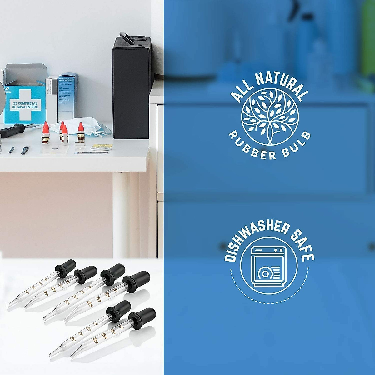 Eye Dropper - 6-Pack, Bent & Straight Tip Calibrated Glass Medicine Droppers for Essential Oils | Pipette Dropper for Accurate Easy Dose & Measurement (1mL Capacity)