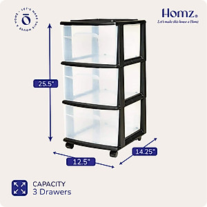 Homz Plastic 3 Clear Drawer Medium Home Organization Storage Container with 3 Large Drawers w/Removeable Wheels, Black Frame