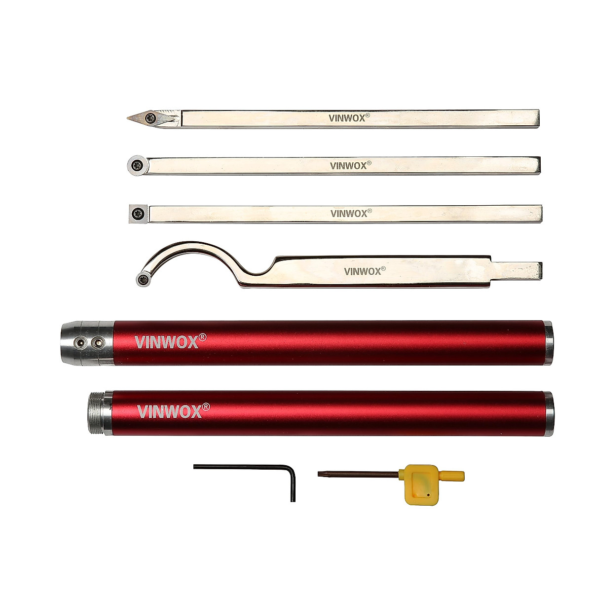 VINWOX 8 PCS Carbide Wood Lathe Turning Tool Set, Carbide Lathe Turning Tool, Including Swan Neck Hollower, Rougher, Finisher, Detailer, Pen Turning tools, Aluminum Alloy Handles from 14" to 29"