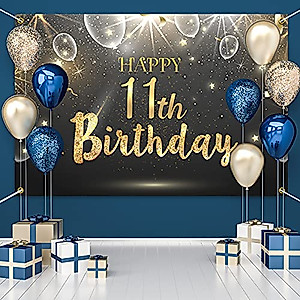 HAMIGAR 6x4ft Happy 11th Birthday Giltter Shinning Banner Backdrop - 11 Years Old Birthday Decorations Party Supplies for Girls Boys - Black Gold