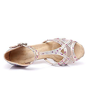 Minishion Crystals Dancing Sandals T-Strap Women's Satin Salsa Dance Shoes Nude US 8.5