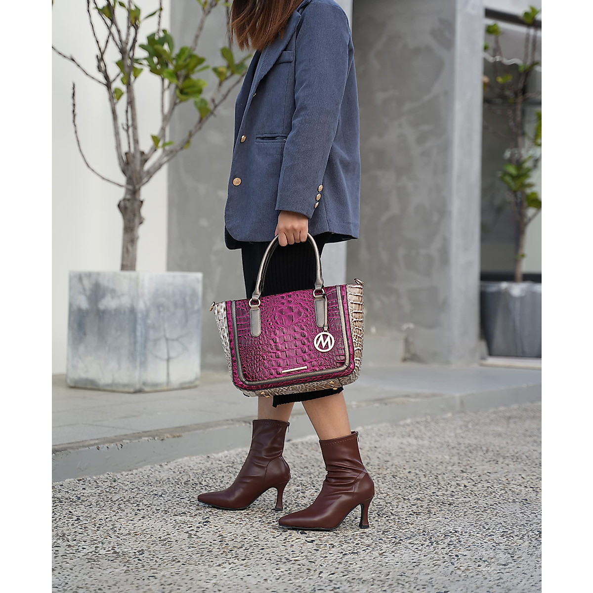 MKF Collection Satchel Bag for Women’s,Crocodile Embossed Vegan leather Crossbody Tote Handbag Top-Handle Purse Cognac Brown by Mia k