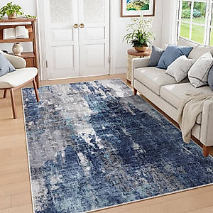 Uphome 5x7 Living Room Rug, Modern Washable Rug for Bedroom, Abstract Soft Non-Slip Dining Room Rug, Blue Aesthetic Foldable Indoor Carpet for Nursery Kitchen Playroom