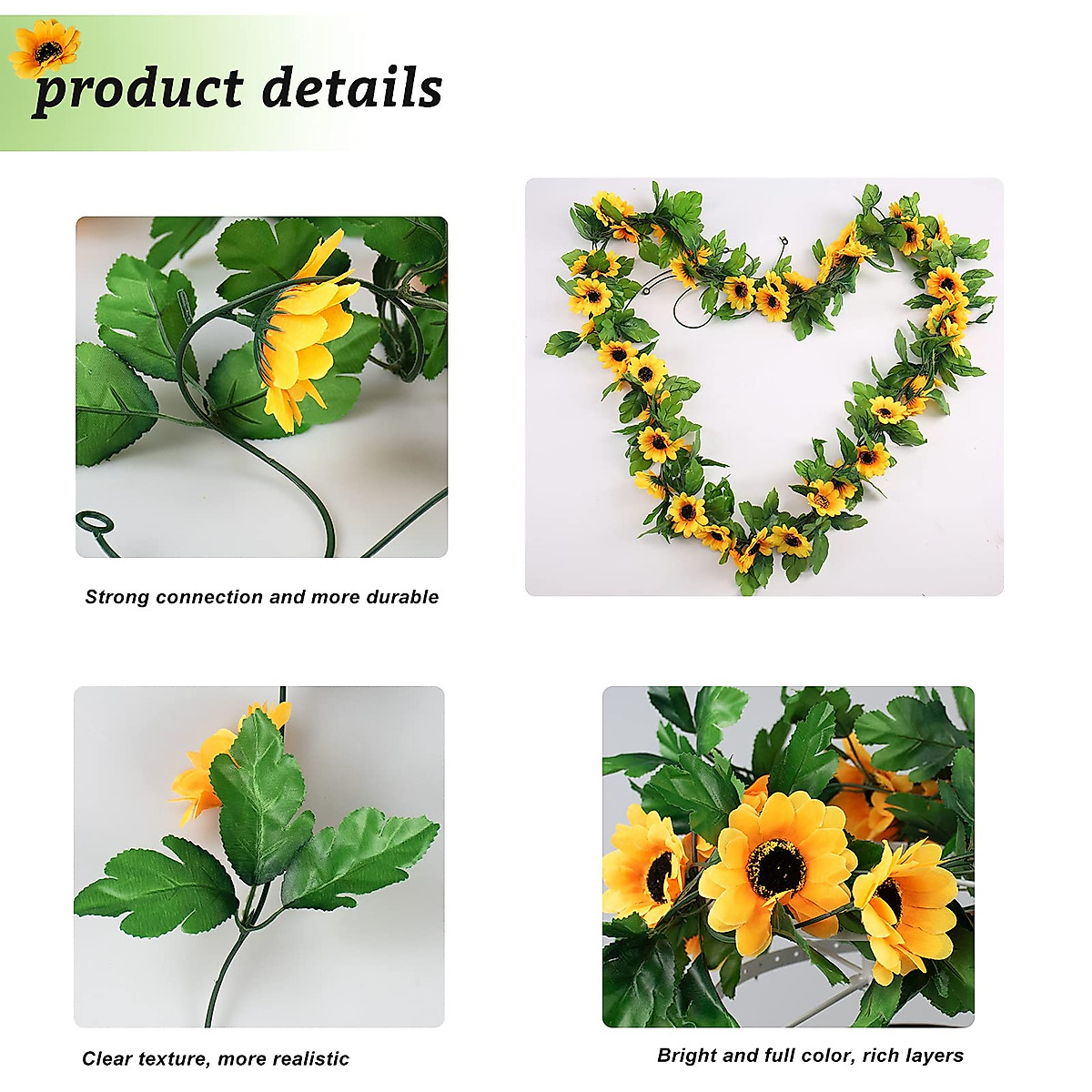 4Pcs 33FT Artificial Sunflower Green Leaves Vines, Hanging Sun Flower Garland Fake Foliage, Plant Leaves Yellow Flowers String Vine for Wedding Table Home Birthday Party Kitchen Garden Decor (B)