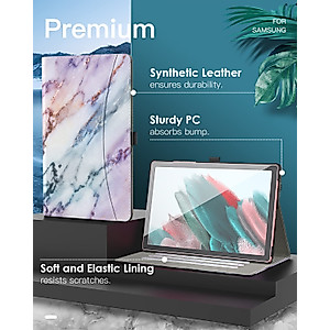 MoKo Case for Samsung Galaxy Tab A8 10.5 Inch 2022 (SM-X200/X205/X207) with Flexible Hand Strap & Pocket, Multi-Angle Viewing Stand Lightweight Protective Cover, Auto Sleep/Wake, Purple Marble