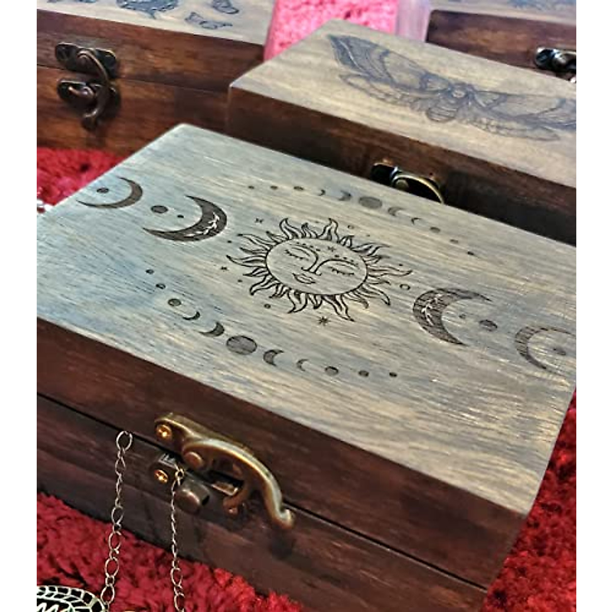 Engraved Wooden Tarot Box for Cards Crystal Holder | Sun and Moon Fortune Telling Astrology Trinket Keepsake Box. Fengshui Luck Talisman Decorative Gift Case/Holder