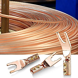 Speaker Spade Plug Connectors, Screw Locking Speaker Wire Connector with Allen Wrench+Heat Shrink Tubing, Fork Y Spade Lugs 45 Degree for Speaker Wire DIY 4PCS (Pure Copper Knurled Style)