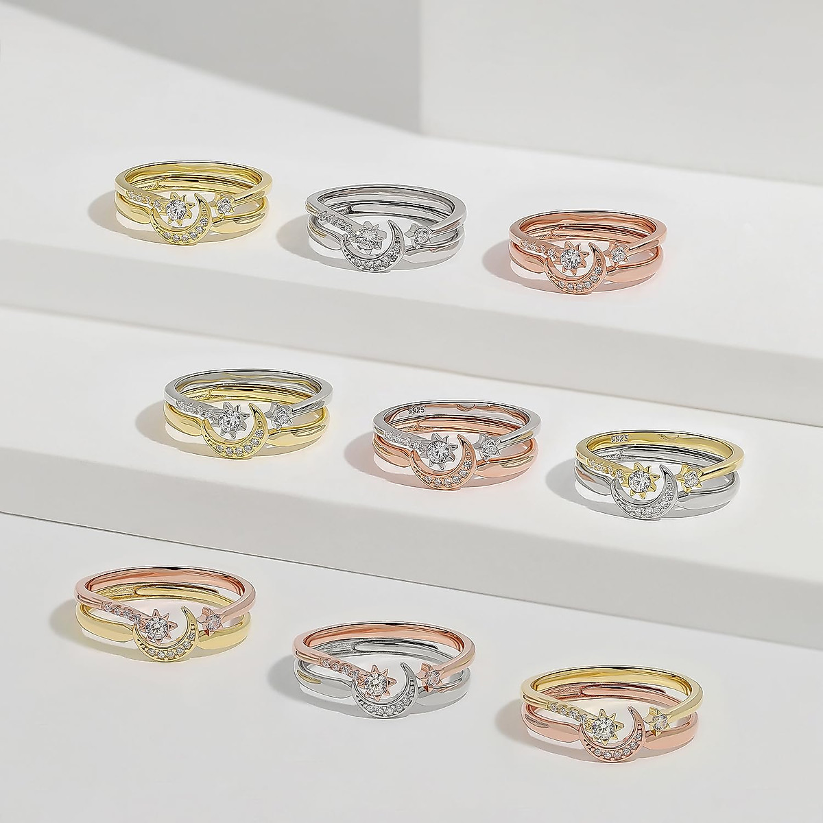 Meissa Celestial Moon and Star Ring Set Matching Promise Ring Gold Plated Stackable Ring Friendship Rings Handmade Sterling Silver Jewelry Gift for Women Teen Girls