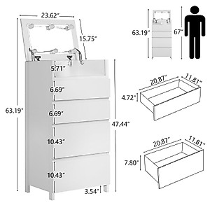 LTMEUTY Dresser for Bedroom, 4 Drawer Dresser with Mirror and Lights, Modern Tall Chest of Drawers with Makeup Organizer for Small Space, Bedroom, Entryway, Living Room (White)