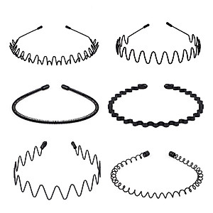 fenshine 6PCS Metal Hair Bands, Spring Wavy Hoop Unisex Black Headband Slicked Back Non Slip Sports Hairband for Women Men…