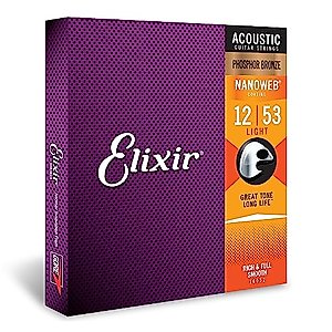Elixir Strings, Acoustic Guitar Strings, Phosphor Bronze with NANOWEB Coating, Longest-Lasting Rich and Full Tone with Comfortable Feel, 6 String Set, Light 12-53