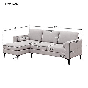POCIYIHOME 86" Convertible Sectional 2 Pillows, Modern Chenille L-Shaped Couch with Reversible Chaise Lounge, 3-Seater Sofa, Fit for Living Room,Office,Apartment, Polyester, Beige