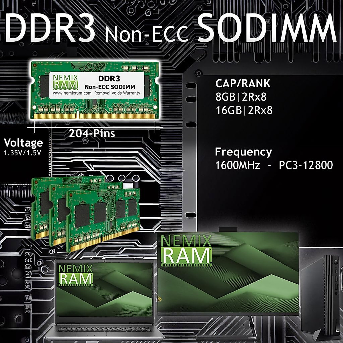 NEMIX RAM 16GB (2X8GB) DDR3 1333MHZ PC3-10600 2Rx8 1.35V 204-PIN Non-ECC SODIMM KIT Compatible with MacBook Pro Laptop iMac Memory
