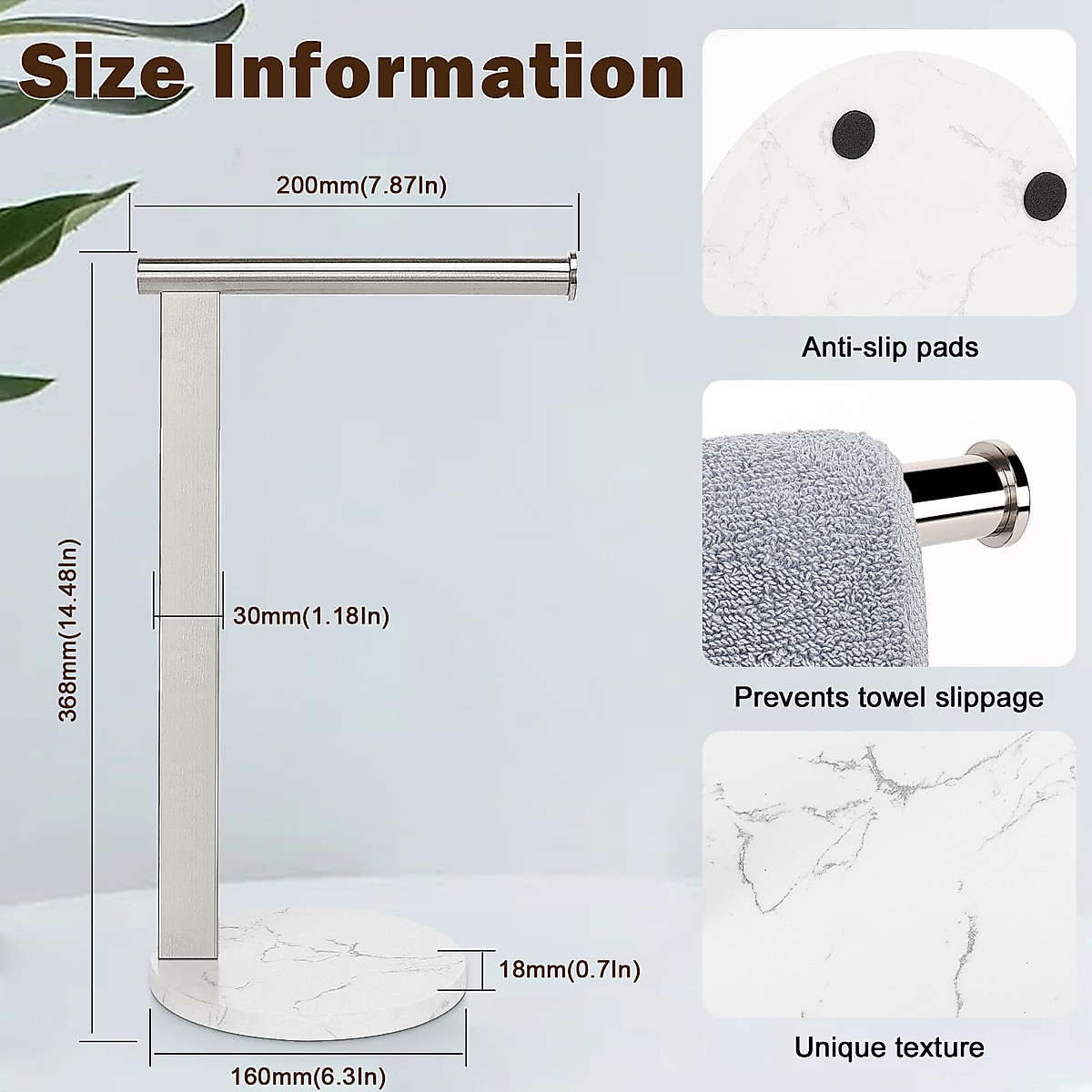 Siyzda Hand Towel Holder Stand for Bathroom, L- Shaped Standing Hand Towel Rack, Towel Bar Kitchen Vanity Countertop Organizer, SUS304 Stainless Steel Material (Marble Base, Brushed Nickel)