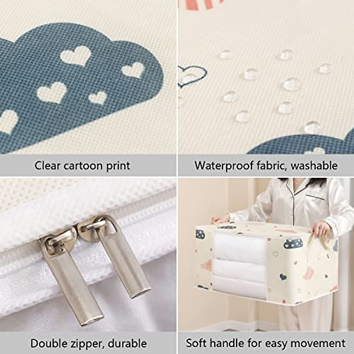 ZOEGA Large Storage Bags, 4-piece Clothes box Foldable Closet Organizer Container with Durable Handle Thick Fabric used for Clothes, Blankets, Comforters, Bed Sheets, Beige cyan, (qianyi-001)