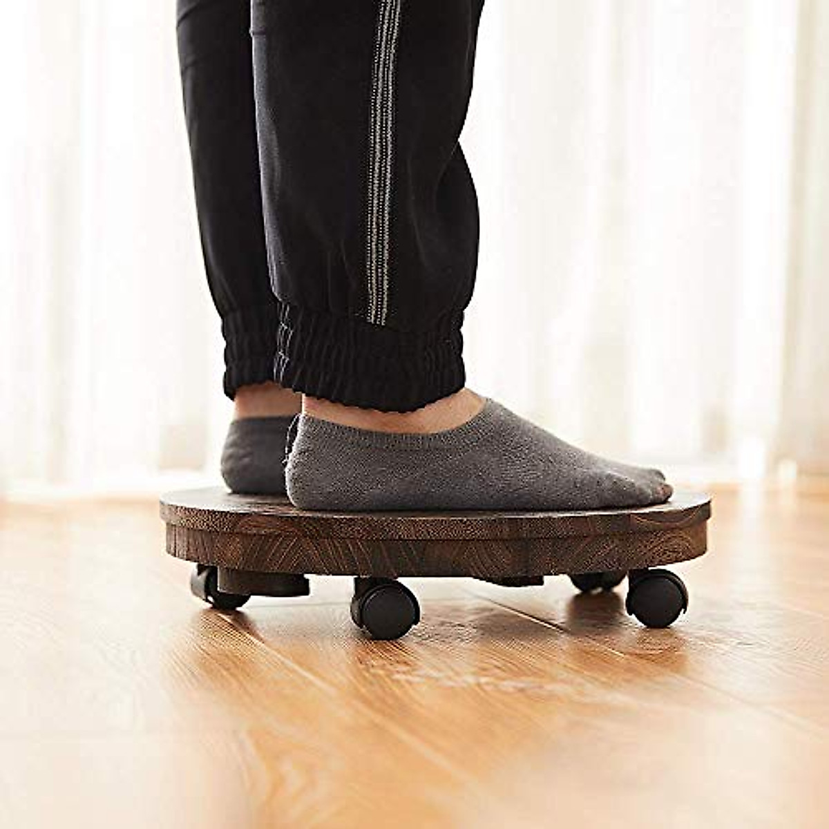 SINOBEST Wood Plant Caddy, Heavy Duty Rolling Planter Dolly with Rotating Casters, Movable Flower Pot Stand, Round Plant Rack with Wheels (10 Inch)