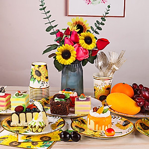 Sunflower Party Supplies, Sunflower Plates and Napkins Set, Disposable Sunflower Plates, Party Cups, Napkins and Cutlery for Sunflower Birthday, Baby Shower, Bridal Shower, Sunflower Parties Serves 24