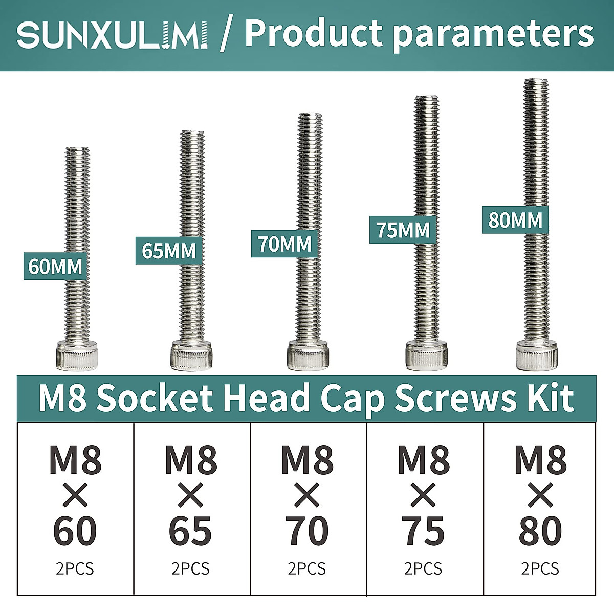 M8 x 60mm 65mm 70mm 75mm 80mm Hex Socket Head Cap Screws Bolts, 304 Stainless Steel, Bright Finish, Fully Threaded, Metric Allen Hex Drive, Assortment Kit 10PCS
