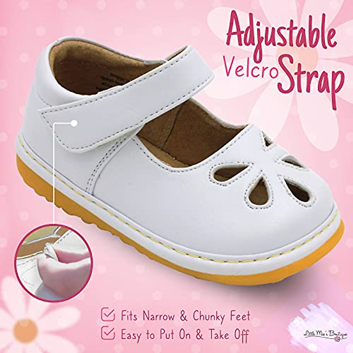 Little Mae's Boutique Mary Jane White Flower Punch Squeaky Shoes for Toddler Girls, Ideal Toddler Walking Shoes with Removable Squeaker and Adjustable Strap - Flexible Sole Baby Shoes (4)