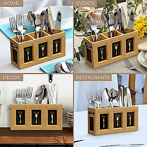 Bamboo Silverware Caddy, Cutlery Holder with Handle - 3 Compartment Utensil Holder and Easy to Clean Spoon Fork Knife Holder - Non-Slip utensil holder for kitchen counter and farmhouse kitchen décor
