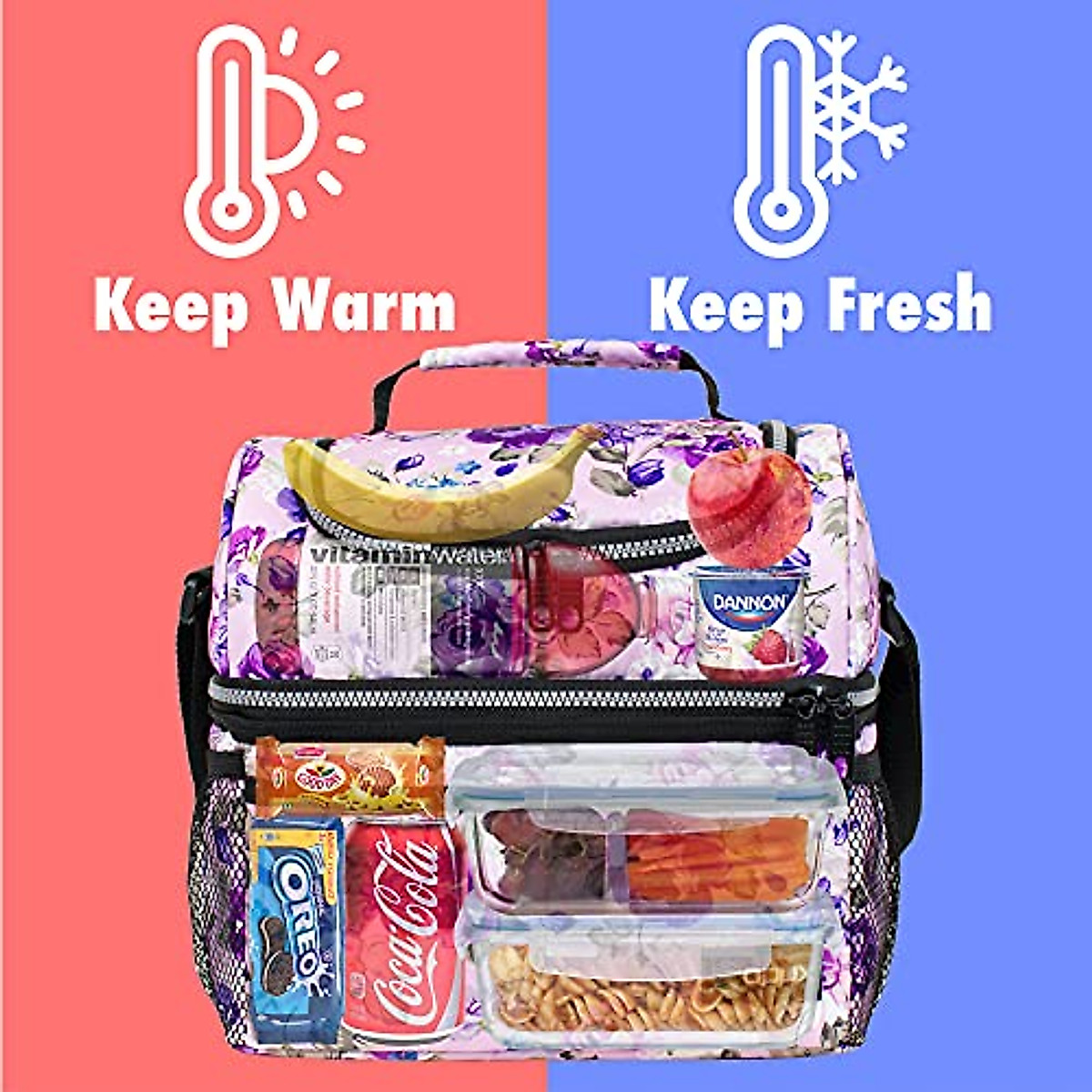opux Lunch Box For Women, Insulated Large Lunch Bag Adult Work, Double Decker Lunchbox Meal Prep, Dual Compartment Leakproof Lunch Cooler, Soft Lunch Pail Tote for Girls Kids School, Floral Purple