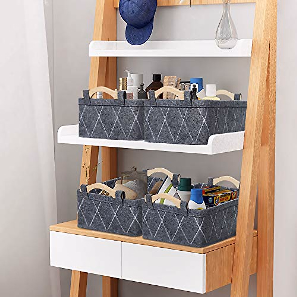 Storage Basket Small Bins for Shelves Cute Containers for Books Magazines Keys Makeups TV Remotes Power Bank Cables Felt Caddy Gray Baskets